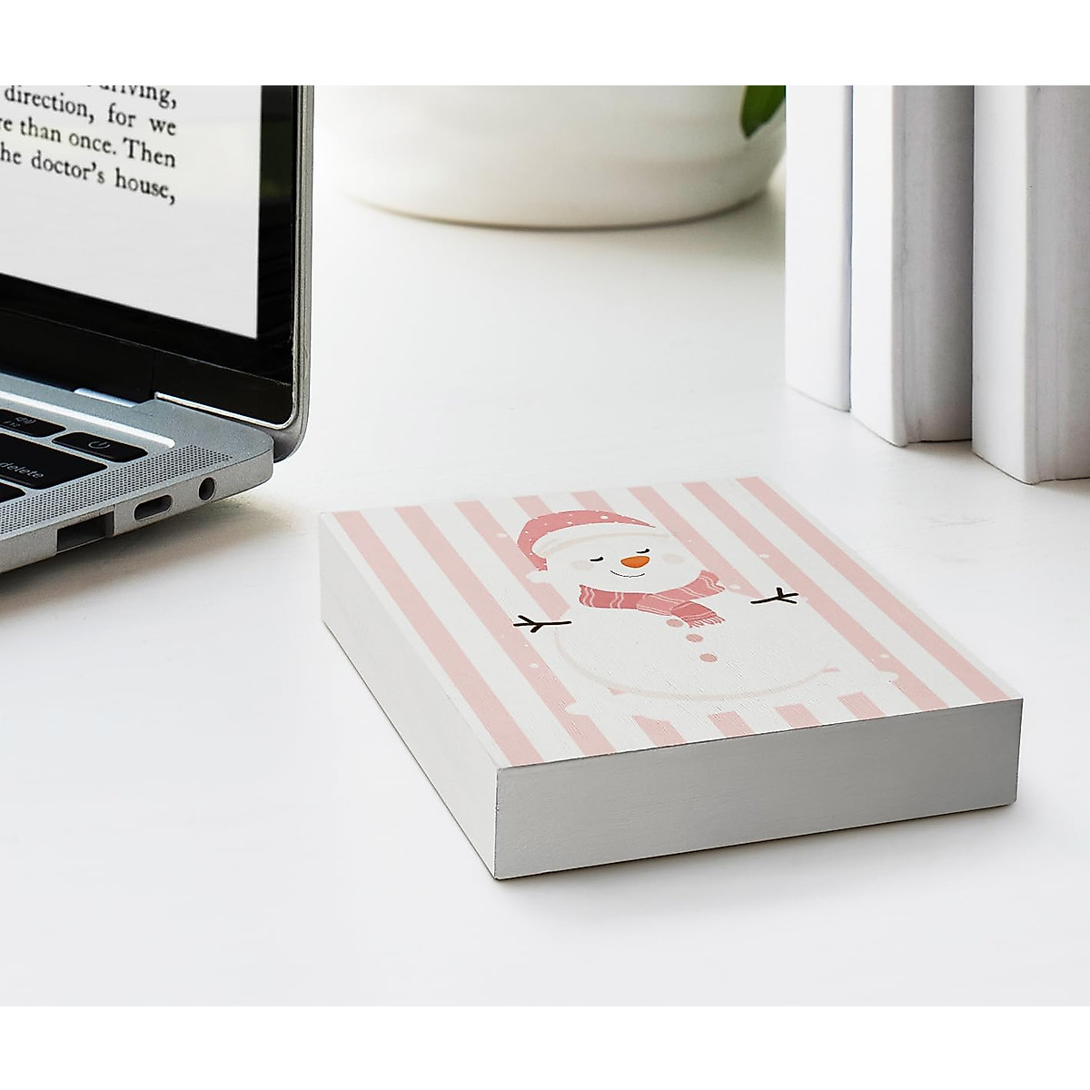 EIONEY Christmas Desk Decor Wooden Box Sign, Snowman Pink Vertical Grain Table Wooden Box Sign Decor, Christmas Wooden Desk Decor for Home Bedroom Kitchen Shelf Tabletop Decor, 5 x 5 Inches