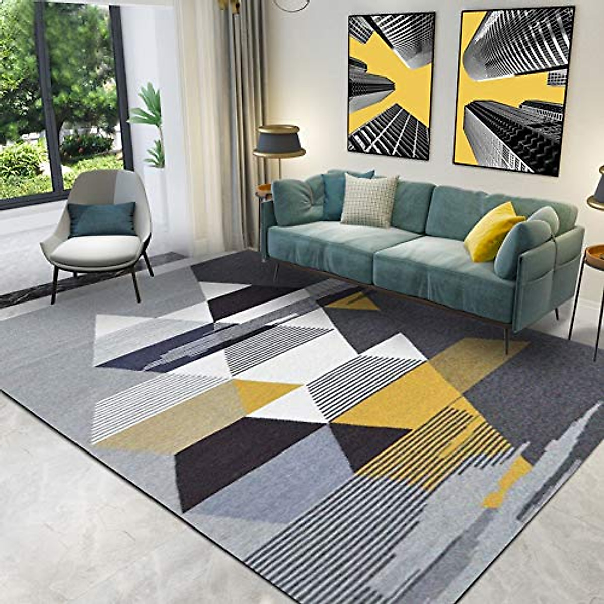 Modern Geometric Area Rug, Easy Clean Fade Resistant Grey Yellow Abstract Brush Stroke Rectangular Carpet for Living Room/Bedroom/Kitchen,55.1x78.7in/4.5'x6.5'