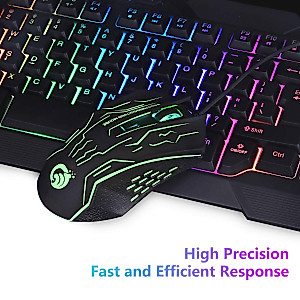 BAKTH Multiple Color LED Rainbow Backlit Wired Gaming Keyboard and Mouse Combo, USB Ergonomic Computer Keyboard with 7 Colors 3600DPI 6 Button Mouse for PC Windows Mac Game and Work