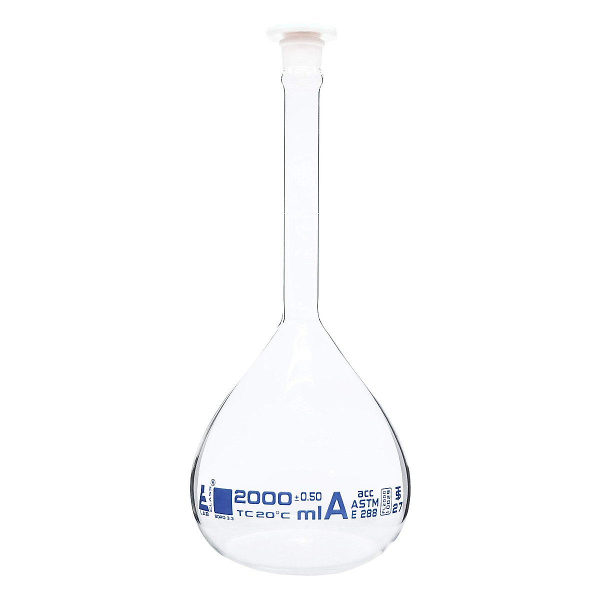 EISCO Volumetric Flask, 2000ml - ASTM, Class A - Polypropylene Stopper - Borosilicate 3.3 Glass