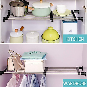 Hershii Expandable Closet Tension Shelf Rod Adjustable Metal Storage Rack Cabinet Organizer DIY Divider Separator Shelves for Wardrobe Cupboard Kitchen Bathroom, Black, 33.07-46.26inches