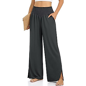 UEU Women's Wide Leg Pants Elastic Casual High Waisted Travel Lounge Yoga Palazzo Pants with Pockets, Dark Gray, XL
