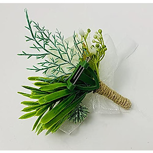 Set of 2 Rose Boutonnieres and Rose Wrist Corsage Men Boutonniere Set Woman White Rose Wrist Corsage Wristlet Band Bracelet for Wedding Suit Decorations (Boutonnieres)