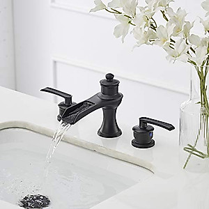 BATHLAVISH Matte Black Bathroom Faucet 3 Hole Waterfall Widespread with Pop Up Drain Farmhouse 8 Inch 2-Handle with Overflow Vanity Sink Lavatory Matte 3 Piece Set
