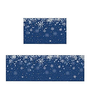 Christmas Kitchen Rugs and Mats Set of 2, Non-Slip Blue Snowflake Rugs Kitchen Mats Snowflake Doormat for Winter Holiday Kitchen Decorations Washable Runner for Xmas Home Decor (17"x47"+16"x24")