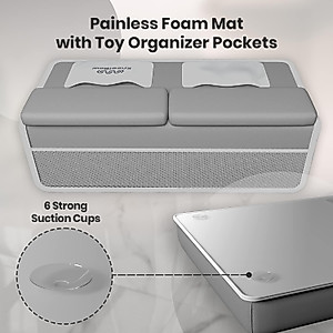 Baby Bath Kneeler and Elbow Rest Pad 2 Pieces Set with 3 Spacious Pocket to Organize Baby Acessories, 1.5" Thick Non-Slip, Soft, Fast-Drying Foldable Toddler Bath (Grey)