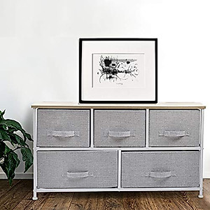 Wide Drawer Dresser Storage Organizer - CERBIOR 5-Drawer Closet Shelves, Sturdy Steel Frame Wood Top with Easy Pull Fabric Bins for Clothing, Blankets- Grey