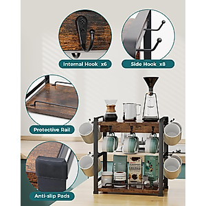 OROPY Coffee Bar Organizer with 14 Mug Hooks, Wood Coffee Mug Holder Stand for Countertop, 2 Tier Coffee Station Organizer for Coffee Cups, Mugs, Syrups, Accessories