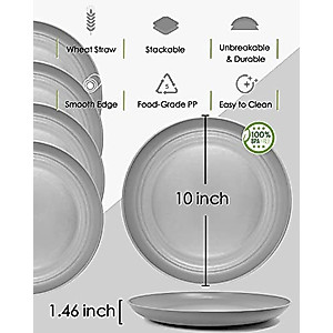 KITWILD Wheat Straw Plates, Unbreakable Dinner Plates, Lightweight Plastic Plates Reusable Plates Set, BPA free, Dishwasher & Microwave Safe, Perfect for Dinner Dishes (4 Pack, Gray)