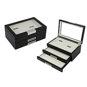 TIMELYBUYS Black Ebony Wood Cufflink Case & Ring Storage Organizer with Stainless Steel Engravable Design Accent Men's Jewelry Box for 108 Cufflinks