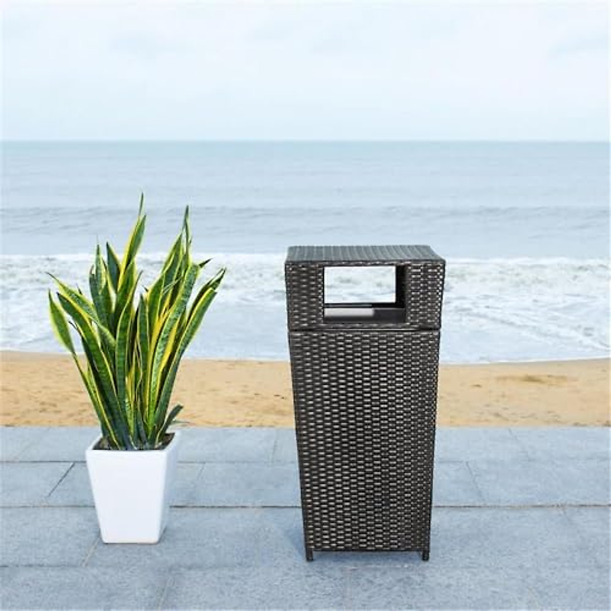 Safavieh Outdoor Collection Mazeli Black Wicker Trash Bin