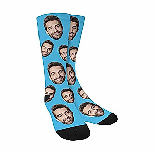 Custom Socks with Picture, Personalized Funny Face Socks Blue Crew Socks for Men Dad Father's Day Birthday Gift
