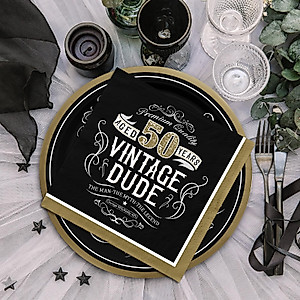 50th Birthday Party Supplies Paper Plates Napkins Cups Tablecloth Banner for Men Black and Gold 50th Birthday Decorations Serve 25