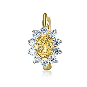 14k REAL Yellow Gold CZ Our Lady of Guadalupe Huggie Hoop Earrings