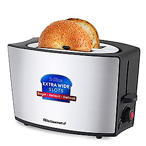 Elite Gourmet ECT2428 Extra Wide 1.25” Slot 2-Slice Toaster, Cancel, Defrost and Bagel Functions, 6 Toast Settings, Slide-Out Crumb Tray, Stainless Steel
