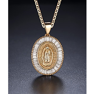 Barzel 18K Gold Plated Flat Mariner/Marina 060 3MM Chain Necklace With Cubic Zirconia Virgin Mary Guadalupe Charm Pendant (18)