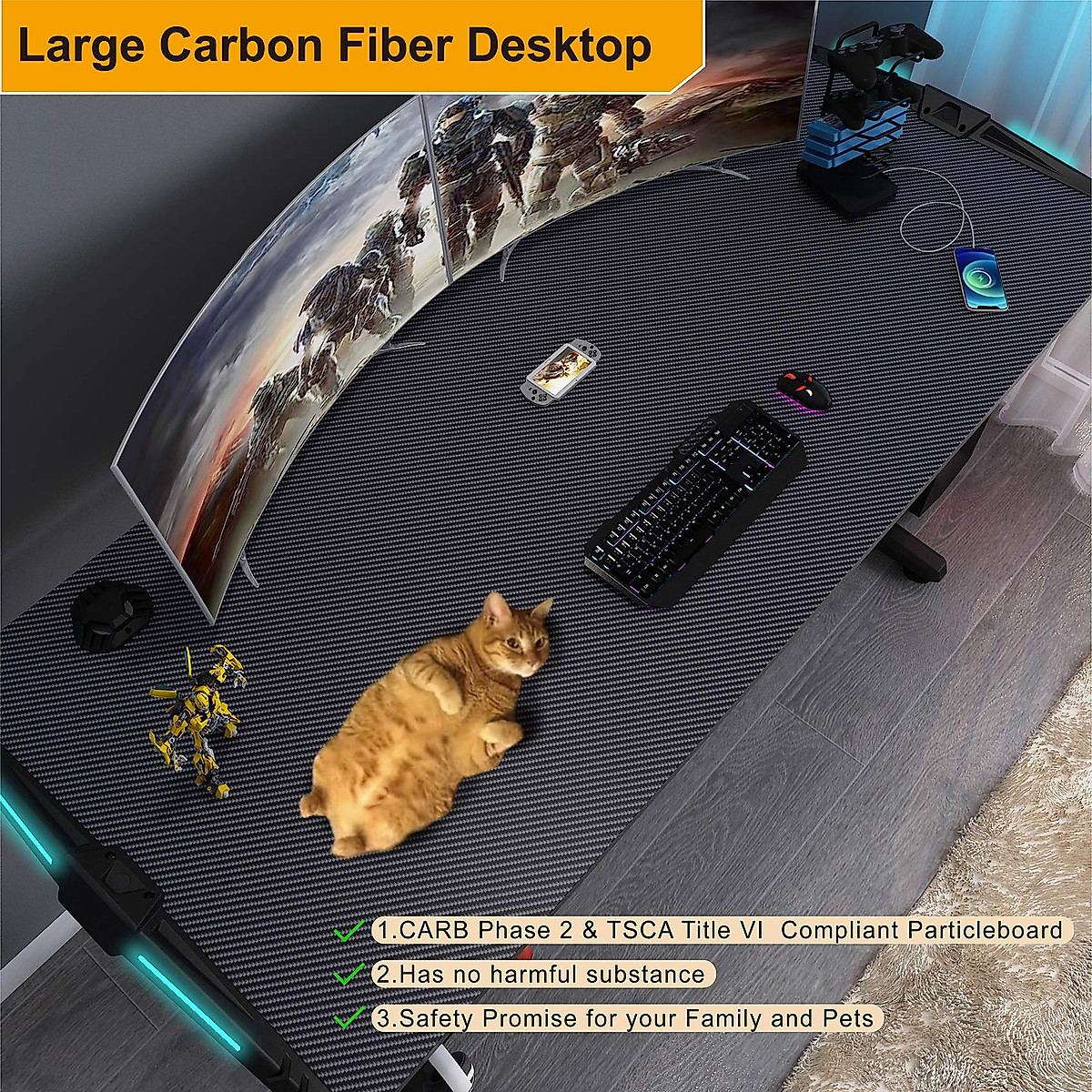 DESIGNA 55 Inch Gaming Desk with Led Lights, RGB Large Gaming Computer Desk with Free Mouse Pad,PC Gaming Table Gamer Desk Workstation with USB Handle Rack, Cup Holder,Headphone Hook, Black