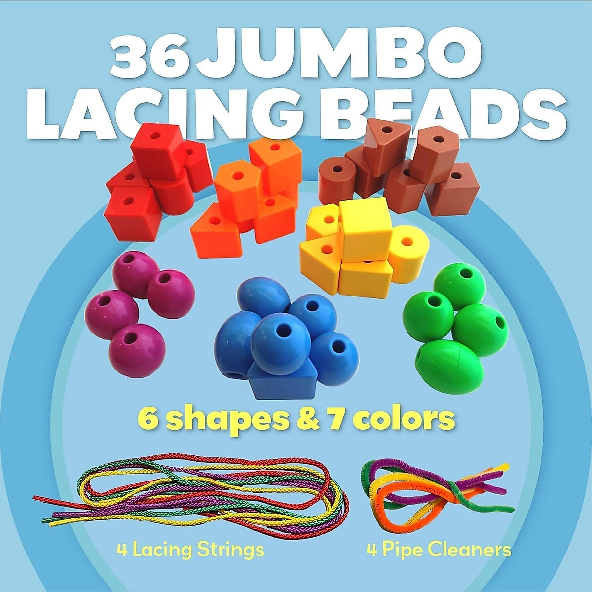 Skoolzy Rainbow Stringing Beads for Toddlers 46 Pcs | String Beads with Strings, Pipe Cleaners and Bag | Montessori Toys Occupational Therapy