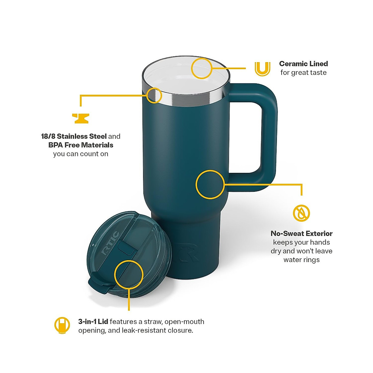 RTIC 30 oz Road Trip Tumbler Double-Walled Insulated Stainless Steel Portable Travel Coffee Mug Cup with Lid, Handle and Straw, Marine