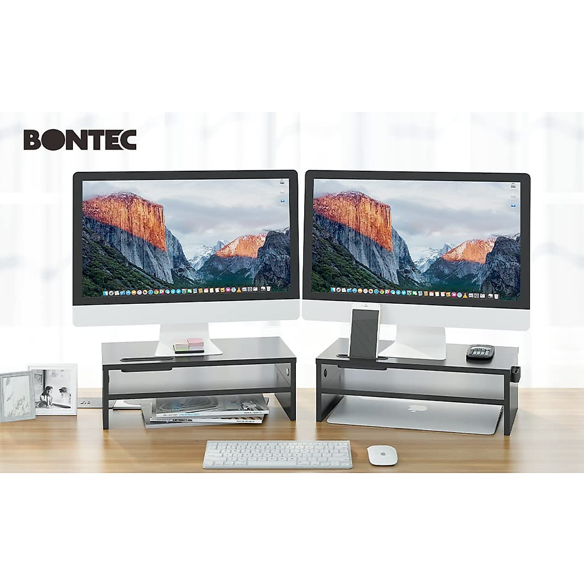 Monitor Stand Riser, 2 Tiers Wood Monitor Riser Stand with Storage Organizer, Desktop Ergonomic Monitor Stand Riser with Cellphone Holder and Cable Management, 16.5 Inch Shelf Black