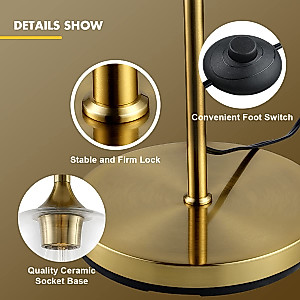 Hamilyeah Gold Floor Lamp for Bedroom, Industrial Tall Lamp for Living Room with Pedal Foot Switch, Mid Century Standing Lamp for Office with Champagne Glass Shade, E26 Bulb Included