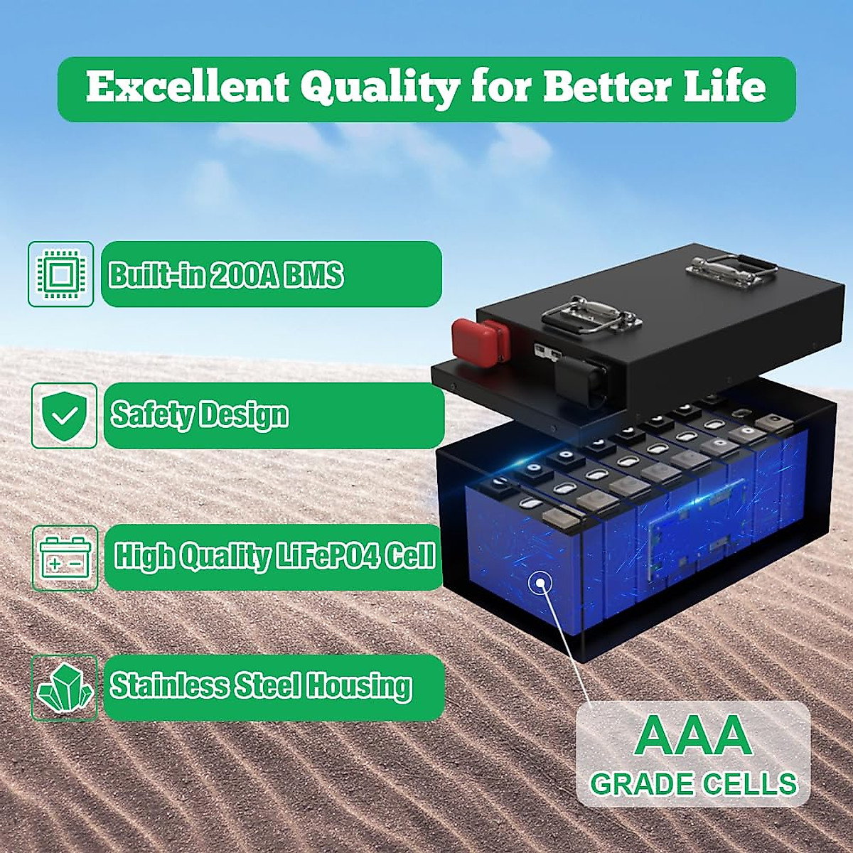 48V Lithium Battery 120Ah LiFePO4 Battery Grade A Cells, for Home Energy Storage, Golf Cart, Solar Back-up Power, RV, Marine, and Off-Grid Application