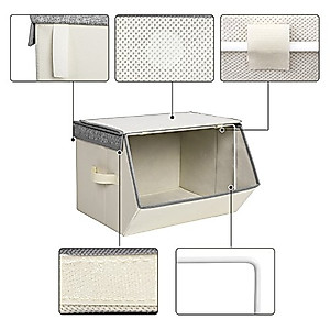 SONGMICS Large Bins with Lids and Handles, Stackable Storage Organizers with Linenette and Oxford Fabric for Clothes and Kid’s Toys, Set of 2, Gray and Beige URLB03GE