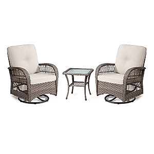 MeetLeisure Bistro Set 3 Piece Outdoor Patio Furniture, Wicker Swivel Rocking Chair Set with Matching Coffee Table & Premium Fabric Cushion(Mixed Grey/Beige)
