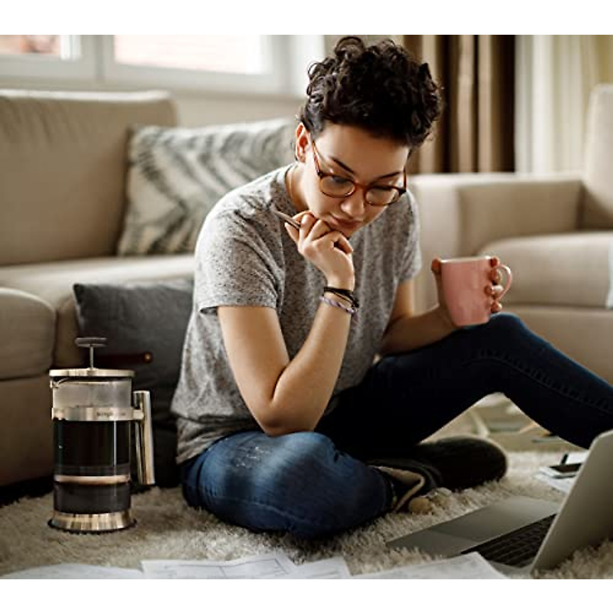 Simpli Press French Press Coffee & Tea Maker - Easy Cleanup & Customizable Smooth Coffee - Patented - Plastic-Free Premium Stainless Steel 34 oz - Black Color