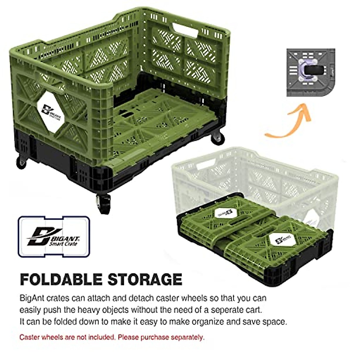 Bigant Heavy Duty Collapsible & Stackable Plastic Milk Crate-Medium Size, Olive, Stackable Open Front Organizer, Set of 1, Snap Lock Foldable Industrial Garage Storage Bin Container Utility Basket