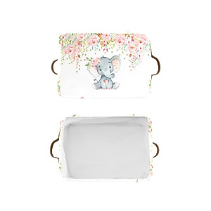 Joyestore Pink Flower Elephant Personalized Storage Bins ,Baskets Cubes Organizer with Handle for Shelves Closet Nursery Toy 2 Packs
