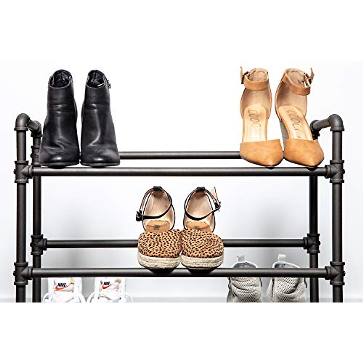 Real Home Innovations Modern Industrial Style 3 Tier Shoe Rack, 26.2” W x 8.2” D x 24”H, Satin Pewter