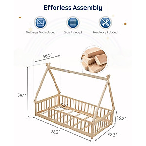 Tatub Twin Montessori Floor Bed Frame with Railings and Roof, Montessori House Bed for Kids, Wood Tent Floor Bed, Montessori Teepee Bed for Girls and Boys, Nature