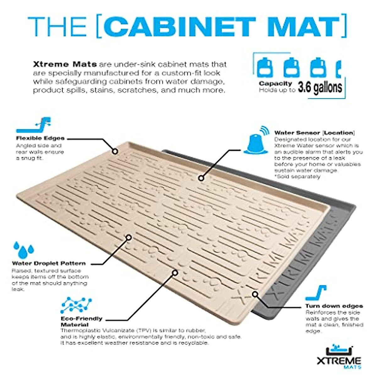 Xtreme Mats - Waterproof Under Sink Mat for Kitchen, Pick Your Size - 34" 1/4 x 22 1/4 - Kitchen Cabinet Shelf Protector, Flexible Under Kitchen Sink Drip Tray Liner - CM-36-BEIGE