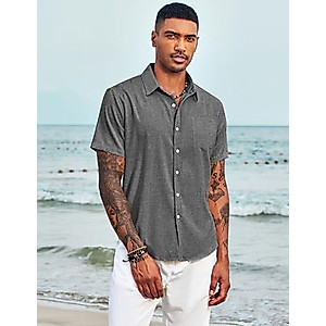COOFANDY Men's Western Casual Shirt Button Up Basic Solid Linen Business Shirts Hawaiian Vacation Shirts Short Sleeve - Black