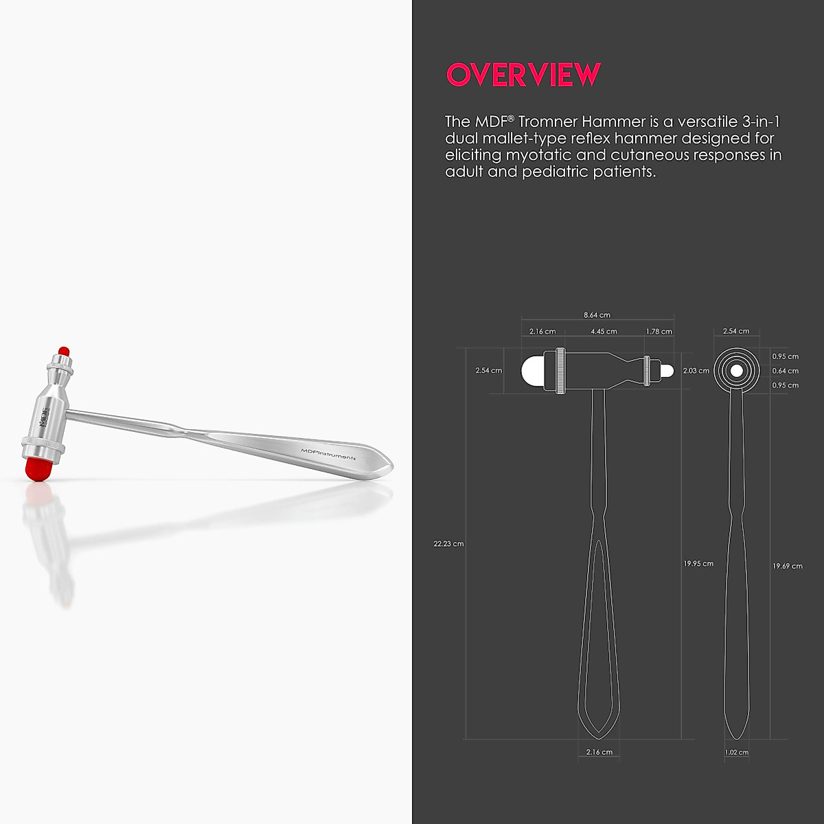 MDF Instruments, Tromner Neurological Reflex Hammer with Pointed tip Handle for cutaneous and Superficial responses - Free-Parts-for-Life & Lifetime Warranty - Red (MDF555-02)