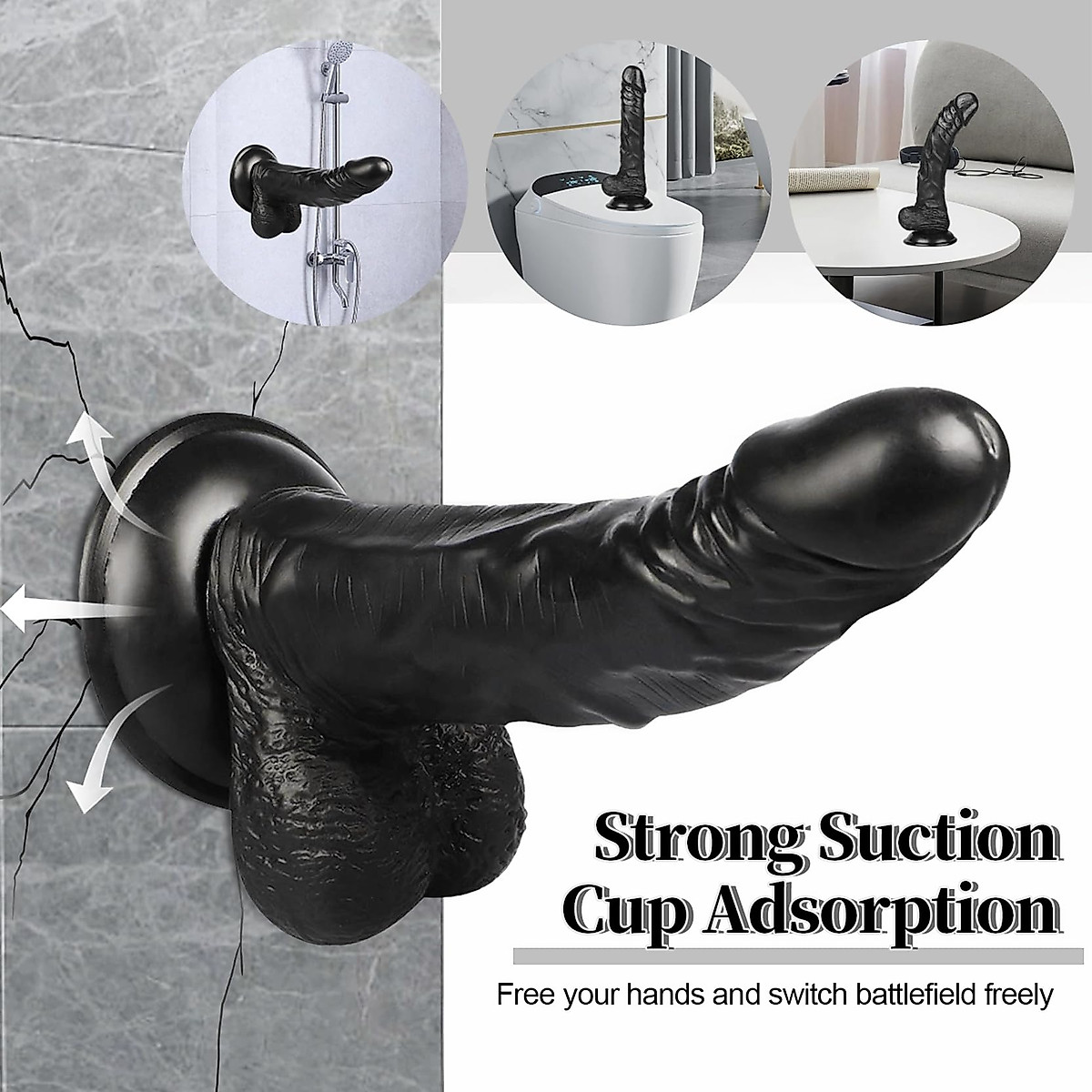 Black Silicone Strong Suction Cup for Hands-Free Realistic Classic Wand of 8 inches Size Silicone Material, The Design Conforms to The Human Body Shape and Curve