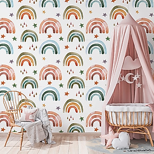 AMAZING WALL Home Peel and Stick Boho Watercolor Rainbow Stars Printed Living Room Pattern Wallpaper Self Adhesive Bedroom