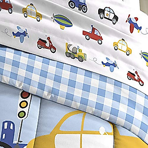 dream FACTORY Trucks Tractors Cars Boys 5-Piece Bedding Comforter Sheet Set, Twin Blue Red Multi