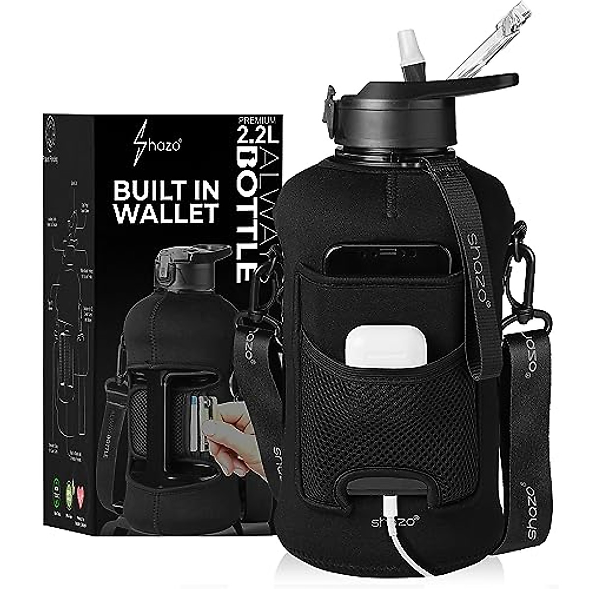 Half Gallon 2.2L Sports Water Bottle With Straw and Built In Wallet 74oz Large Gym Drink Container, Storage Sleeve, Bottle Brush, Phone Pocket - BPA Free Big Jug, Carry Handle Aesthetic Look - Black