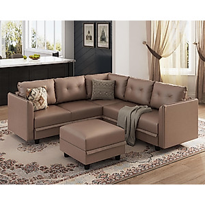 LLappuil Modular Sectional Sofa, Convertible L Shaped Sectional Couch with Storage, Faux Leather Fabric, Modular Sectionals with Chaise, 6 Seats Sofas for Living Room, Cognac Brown