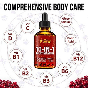 10 In 1 Cat & Dog Multivitamin - Hip & Joint Vitamins For Dogs + Vitamins C, D, B1-12 - Cranberry Supplement For Dogs & Cat Vitamins - Bladder, Kidney, Skin, Joint Support - Glucosamine Dog Supplement