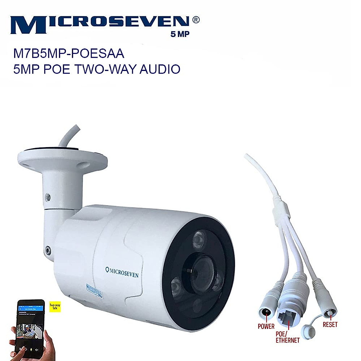 MICROSEVEN Open Source UltraHD 5MP 2560x1920 PoE Two-Way Talk,Alexa,Wide Angle,256GB SD Slot,Outdoor Night Vision Bullet Security Waterproof IP Camera,Human Motion Detection,FTP,Cloud,Web GUI,Apps+VMS