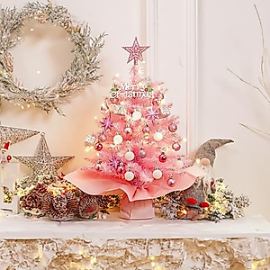 XmasExp 20in Mini Christmas Tree with Lights Pink Small Christmas Tree Artificial Tabletop Xmas Decor Holiday Decoration for Home, Office, Party