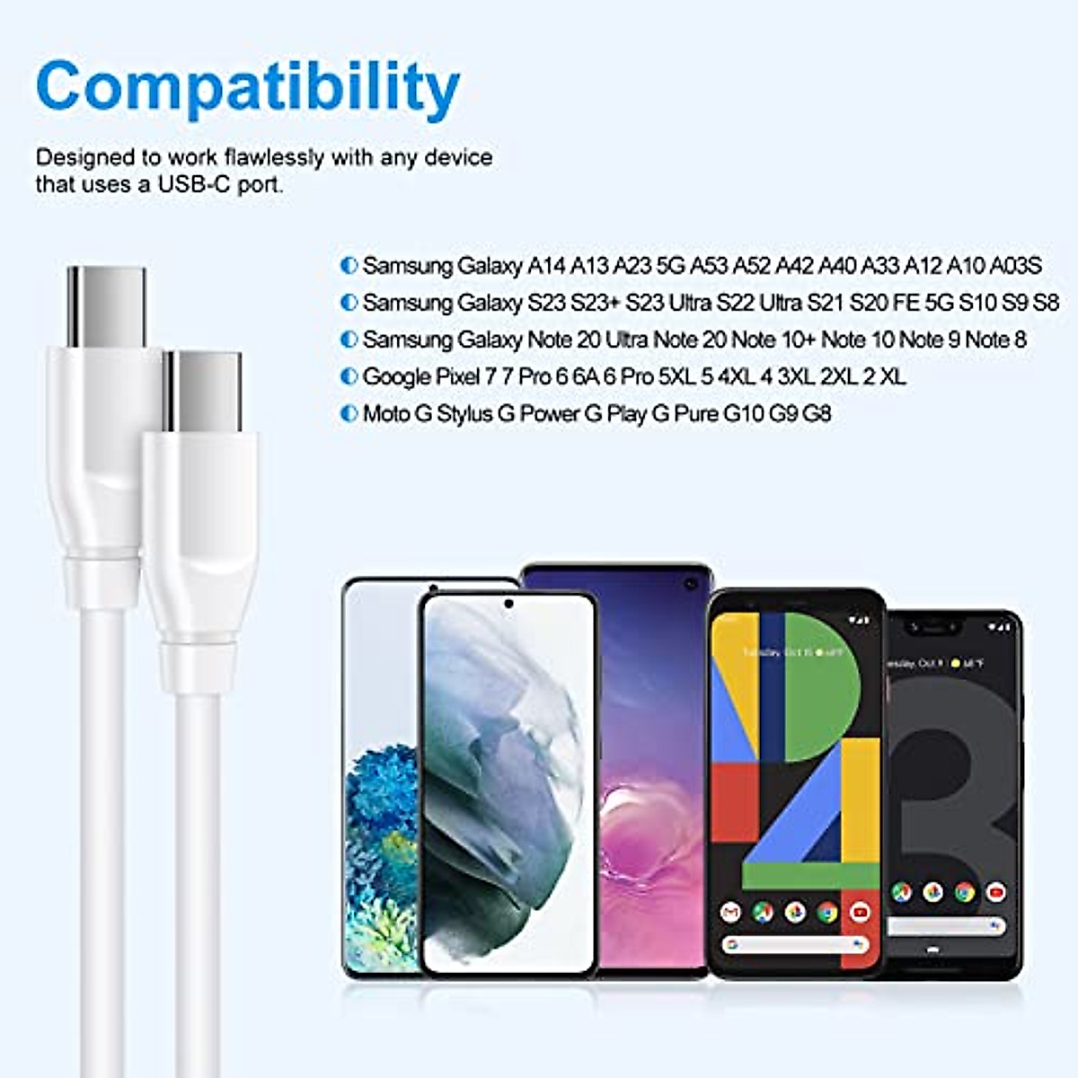 Samsung Charger Fast Charging Cable for Galaxy S24 A54 S23 S22 Ultra A14 A23 A34 A24 5G A13 A12 A53 A51 A03S S21 S20 FE 5G S10 S9,60W USB C to USB C Cable Fast Charger Cord for Pixel 8 7 6 Pro 6A 5A