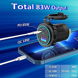 65W PD 12V USB Outlet for Laptop - Qidoe USB C Car Charger Socket Multi Port USB Outlet Quick Charge3.0 18W with Power Switch Long Body Waterproof Adapter for Car Boat Marine Truck Golf RV Motorcycle