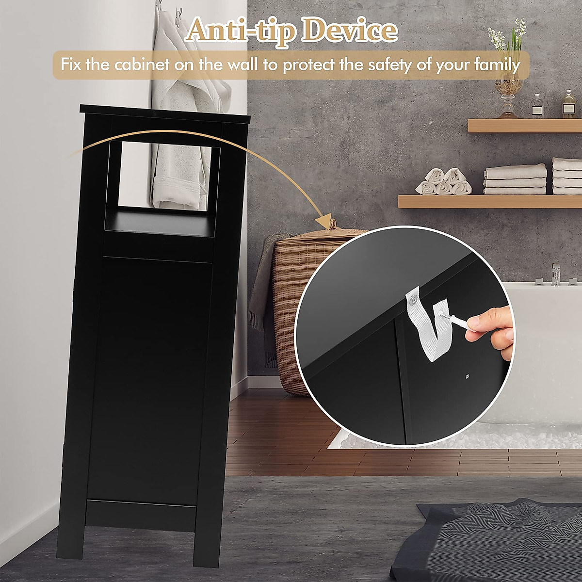 COSTWAY Bathroom Storage Cabinet, Wooden Side Storage Organizer with Louver Doors & Removable Shelf, Freestanding Floor Cabinet for Living Room, Kitchen, Entryway (Black)