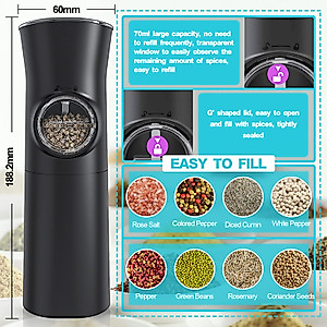 Pepper Grinder, JEKSSTB Battery Operated Salt and Pepper Grinder, Adjustable Coarseness, with LED Light, Dust Cover, One Hand Electric Salt and Pepper Grinder, ABS Material (Black)