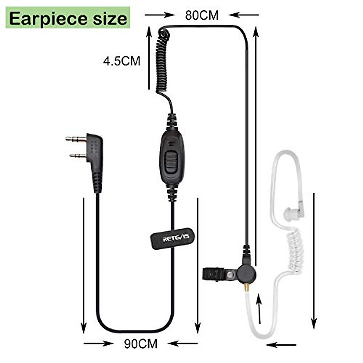 Retevis Security Covert Tube Two Way Radio Earpiece 2 Pin, Coil Tube, Compatible RT22 RT21 RT68 RT22S RT19 RT18 RT15 Baofeng UV-5R Walkie Talkies, Walkie Talkie Earpiece with Mic(1 Pack)