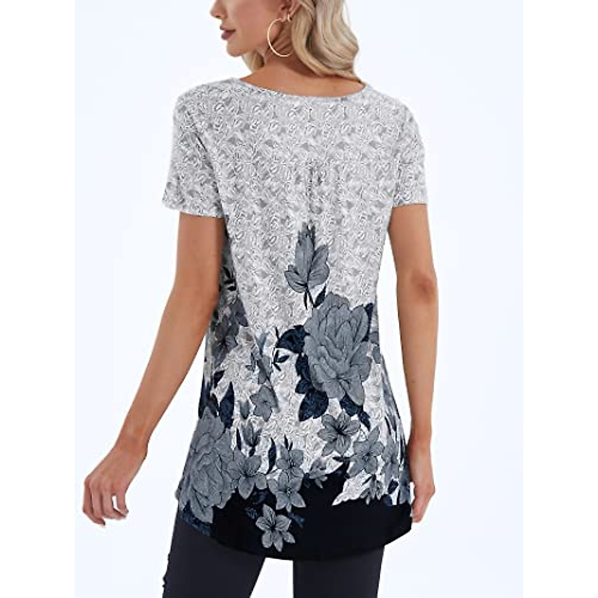 BAISHENGGT Women's V Neck Short Sleeve Buttons Pleated Flared Tunic Tops Grey - Peony XXL